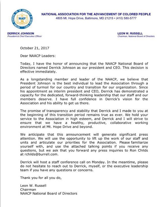 Dear NAACP Leaders: Today, we have the honor of announcing that the ...